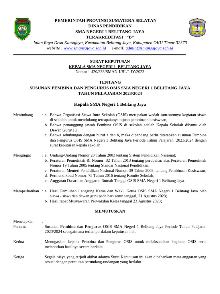 SK Pengurus Osis 2023 24 | PDF