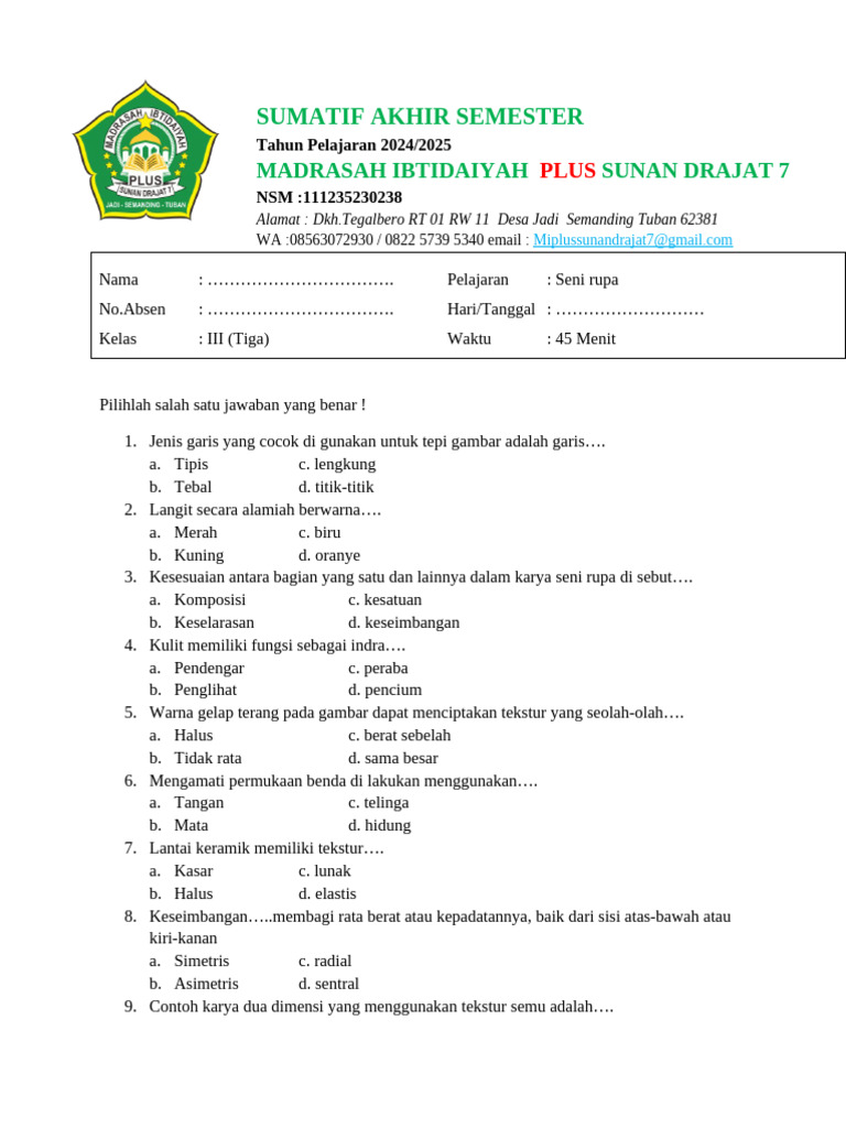 Soal Sas Kls 3 Seni Rupa SMT 1 | PDF