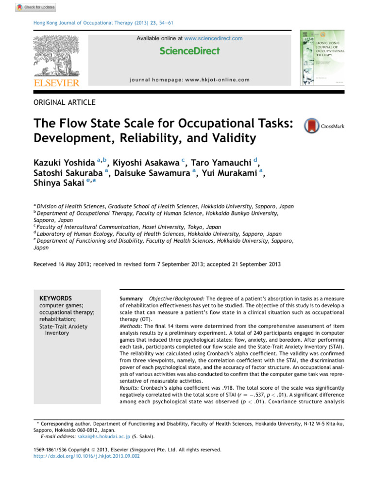 Yoshida Et Al 2013 The Flow State Scale For Occupational Tasks ...