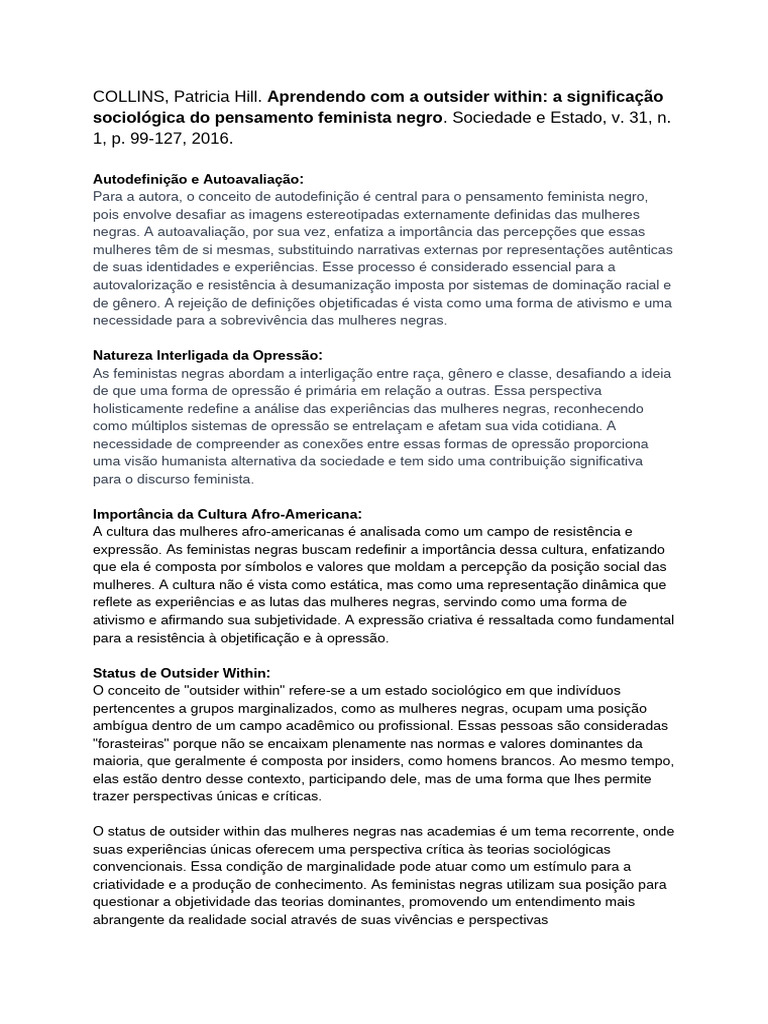 O Outsider Within no Feminismo Negro | PDF | Feminismo | Estudos de Gênero