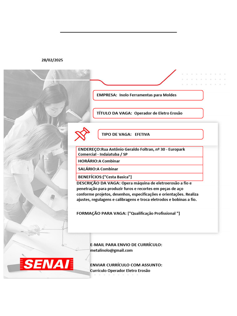 Inolo Ferramentas para Moldes Divulga Vaga_Operador de Eletro Erosão ...