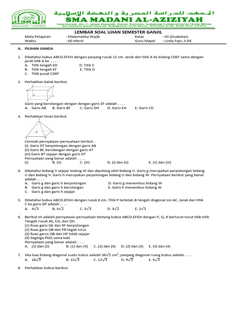 SOAL UJIAN SEMESTER GANJIL WAJIB 2024 Kelas XII | PDF