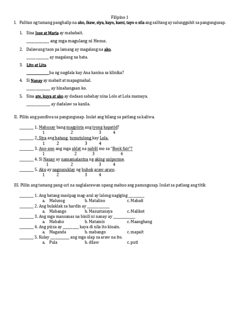 Filipino 1 Periodical Test (With Answer Key) | PDF