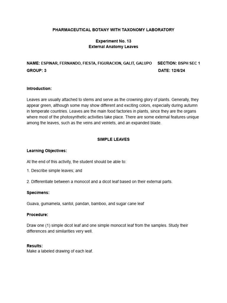 Monocot vs Dicot Leaf Anatomy Lab | PDF | Leaf | Biology