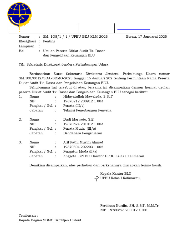 Surat Usulan Diklat Audi TK Dasar Dan Pengelolaan Keuangan BLU | PDF