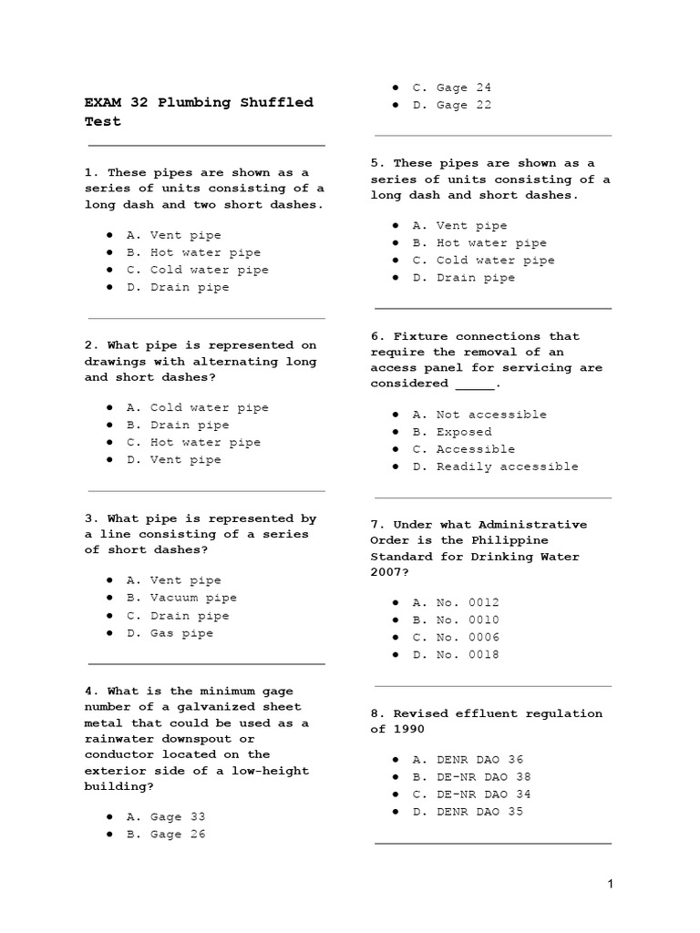 Plumbing Exam Questions and Answers | PDF | Water Purification | Plumbing