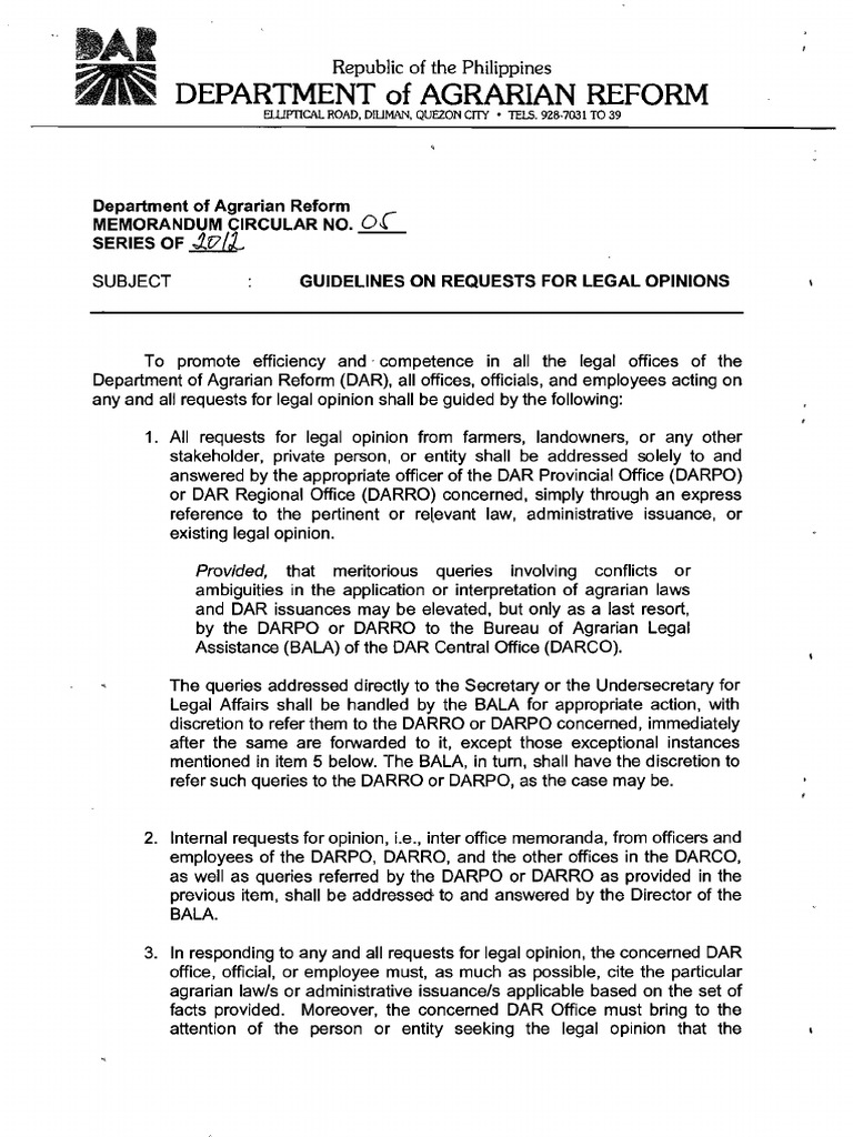 DAR Legal Opinion Request Guidelines | PDF | Government | Justice