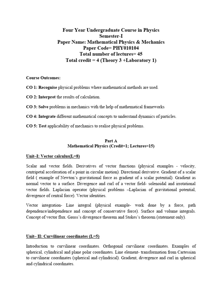 PHY010104 Mathematical Physics and Mechanics | PDF | Divergence | Force
