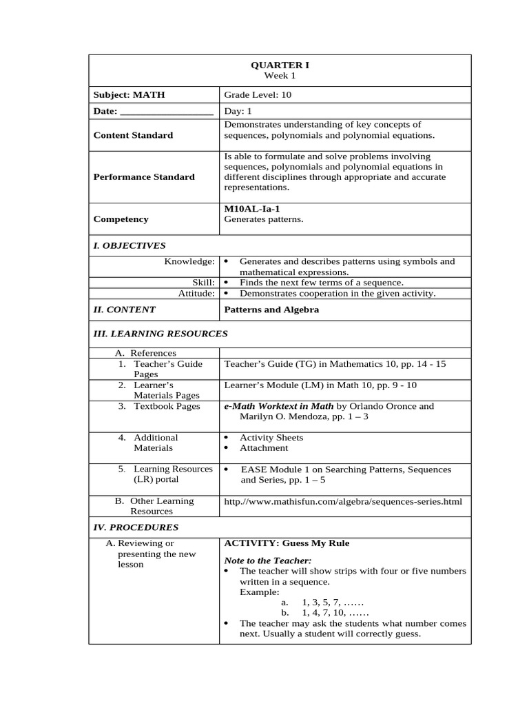 DLP-G10-Q1-W1-day 1 | PDF | Mathematics | Learning