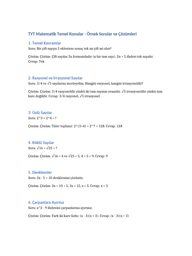 TYT Matematik Temel Konular Sorular | PDF