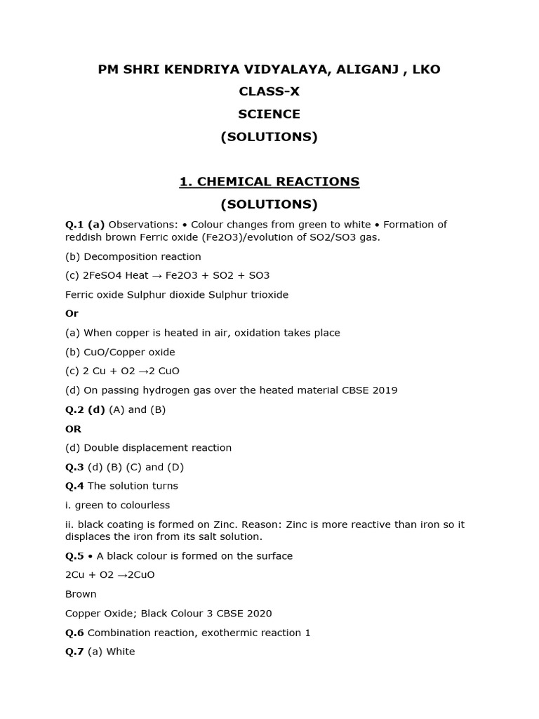 Class 10 Science Solutions: Reactions & Compounds | PDF | Cellular ...