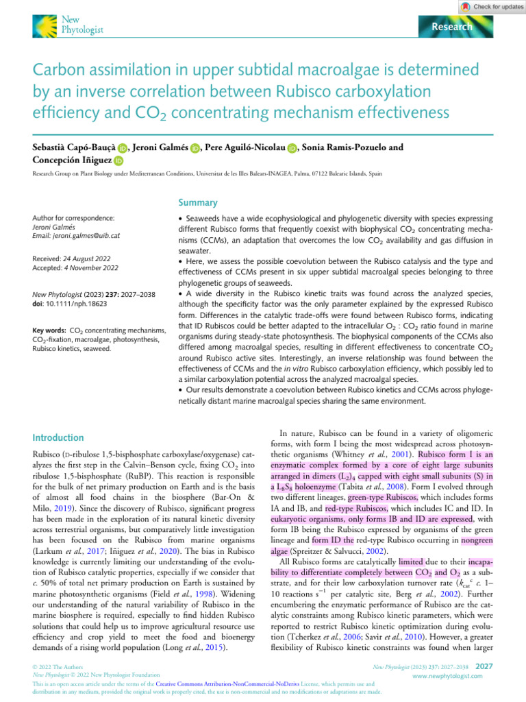 Rubisco Kinetics and CCMs in Macroalgae | PDF | Carbon Dioxide ...
