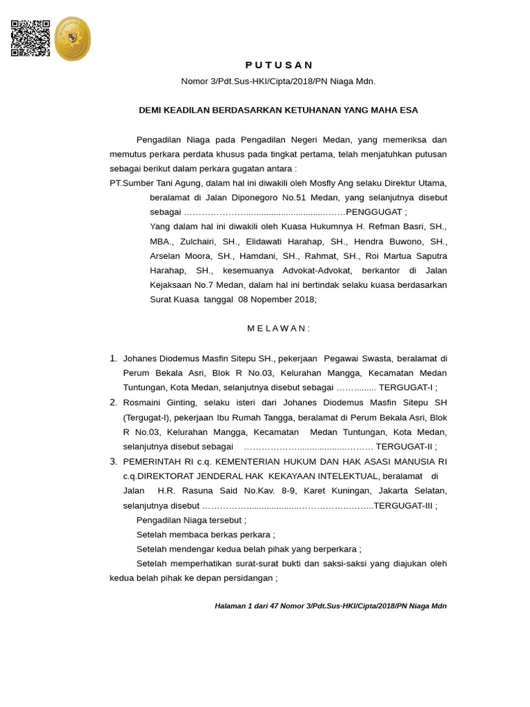 Putusan 3 PDT - Sus-Hki Cipta 2018 PN Niaga MDN 20210728 | PDF