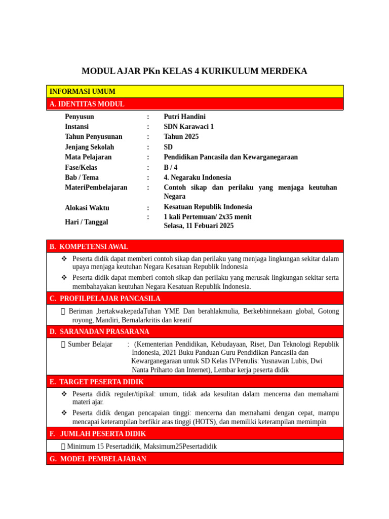 Modul Ajar PKN Kls 4 | PDF