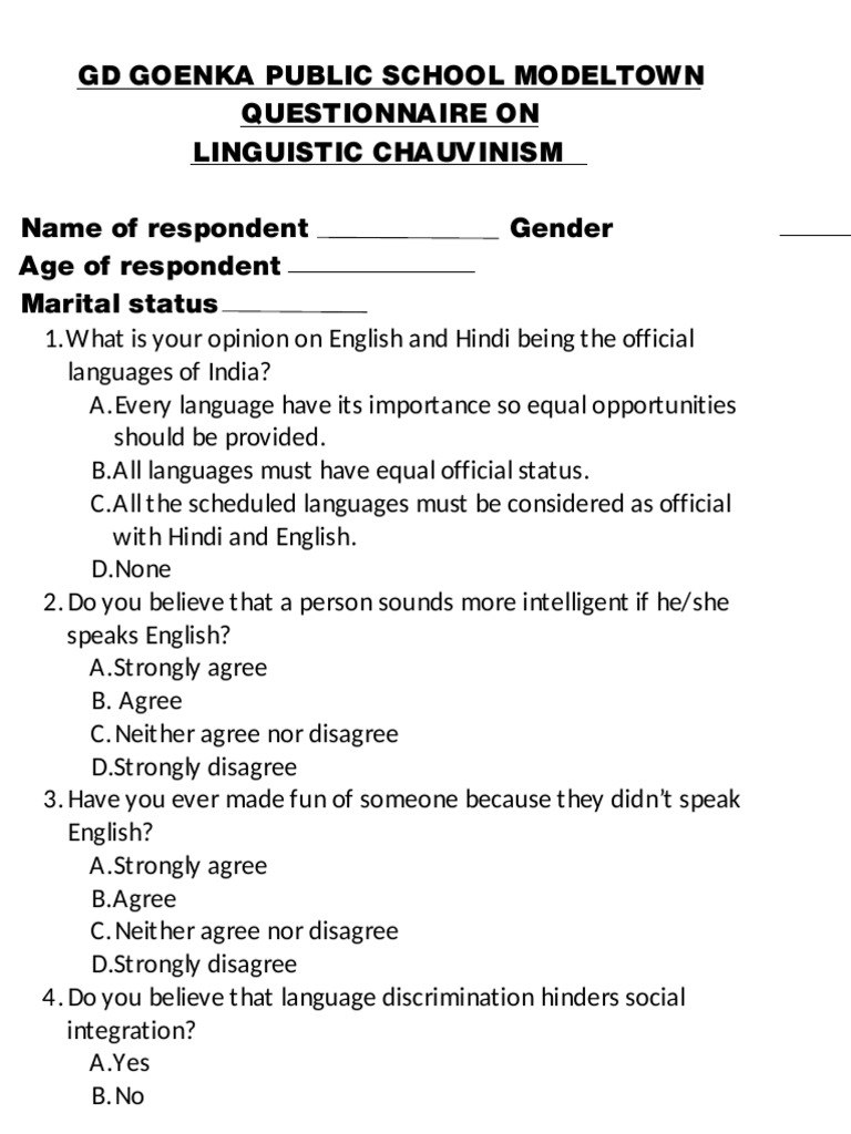 Questionnaire On Linguistic Diversity | PDF