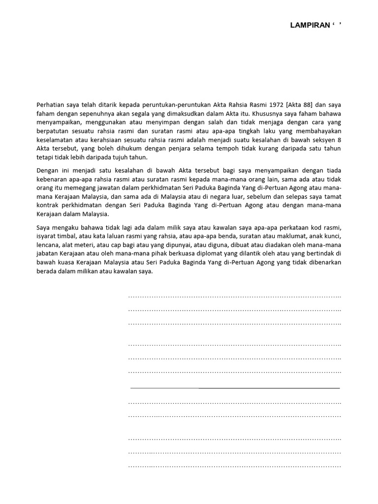 Lampiran F - Perakuan Akta Rahsia Rasmi 1972 Tamat Kontrak Perkhidmatan ...