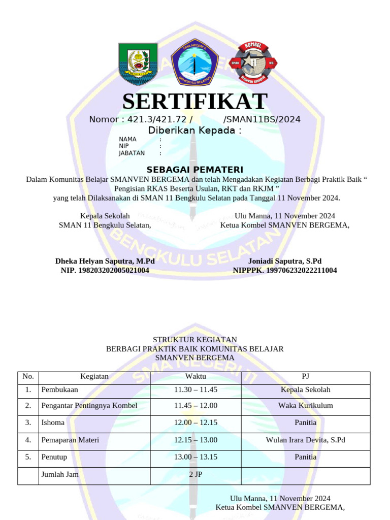 Sertifikat Kombel Pemateri | PDF