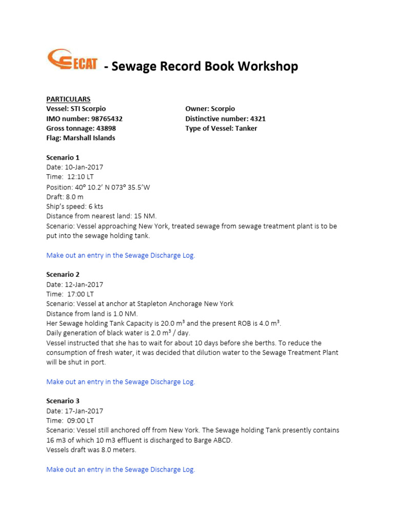 Sewage Record Book Workshop Scenarios | PDF
