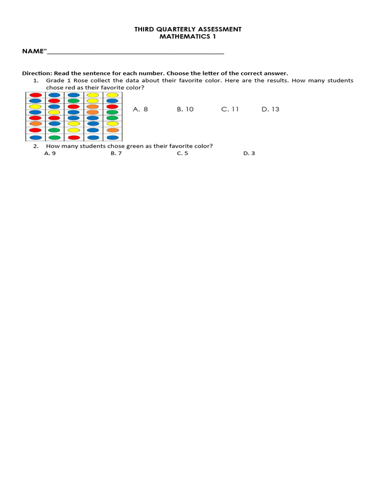 Grade 1 Math Assessment - 3rd Quarter | PDF | Subtraction