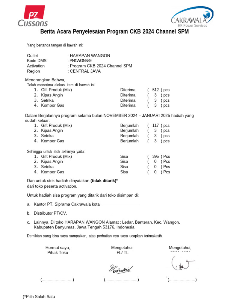 Berita Acara Penyelesaian CKB SPM HW | PDF
