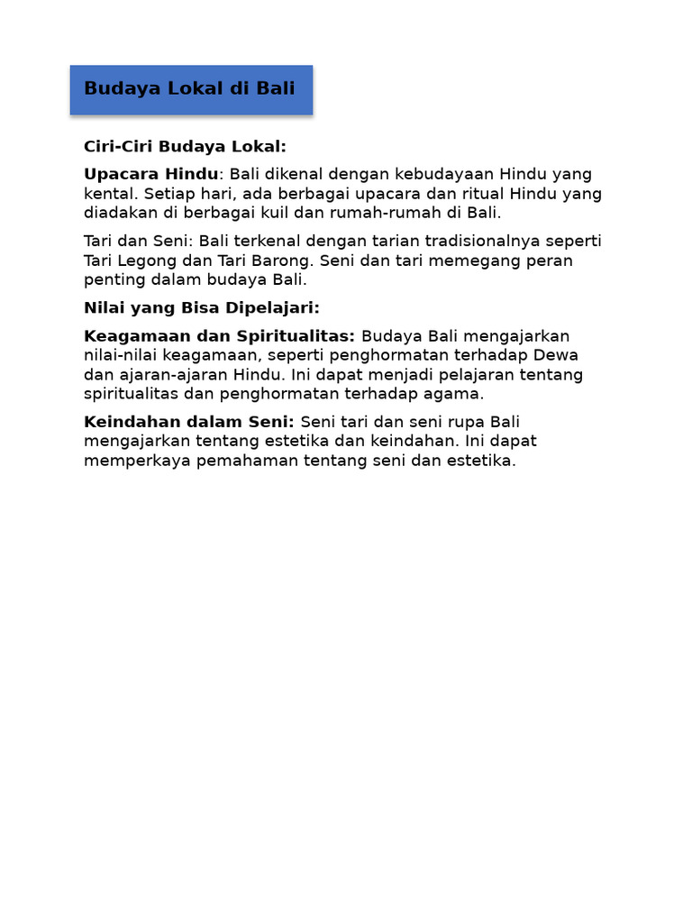 Budaya Lokal Bali: Upacara dan Seni | PDF