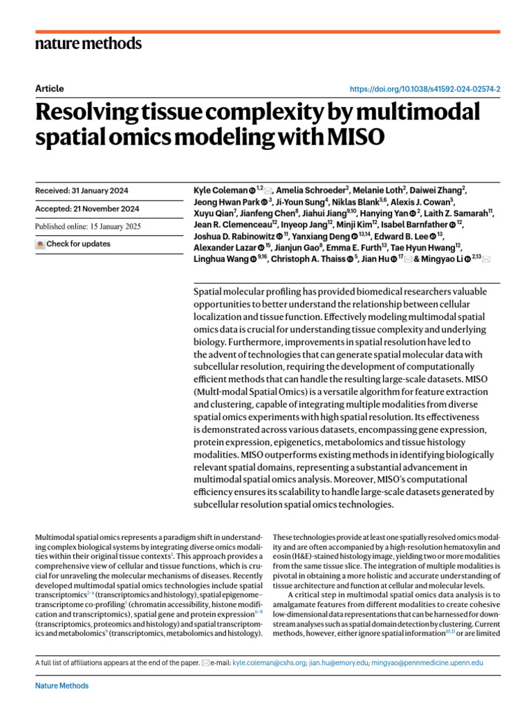 Nmeth2024 (MISO) Resolving Tissue Complexity by Multimodal Spatial Omics Modeling With MISO ...