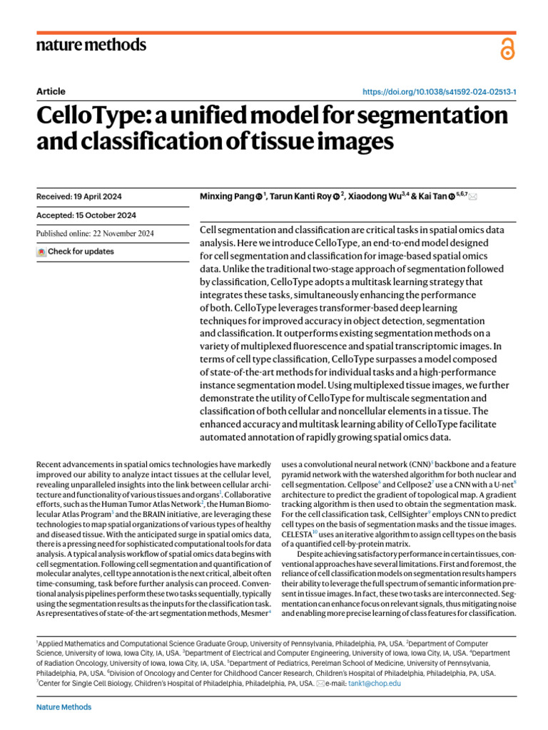 Nmeth2024-CelloType A Unified Model For Segmentation and Classification of Tissue Images | PDF ...