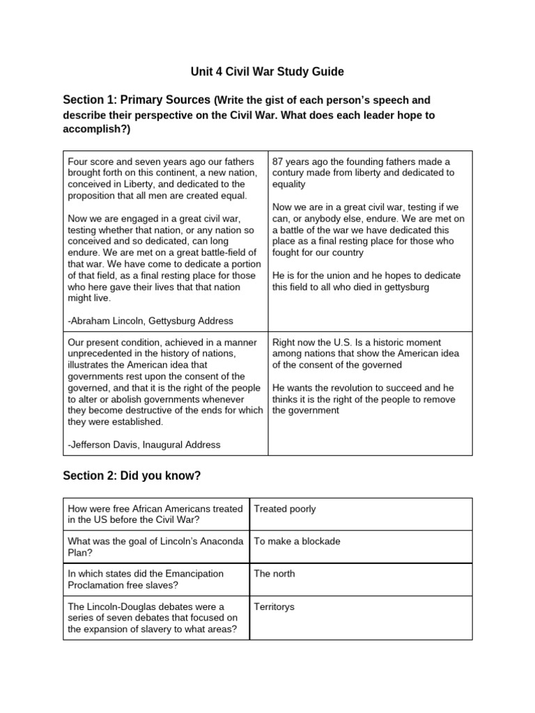 Owen Benech - Student - AlstonRidgeMS - Civil War Study Guide | PDF ...