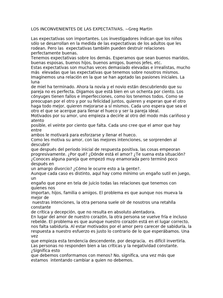 LOS INCONVENIENTES DE LAS EXPECTATIVAS Por Greg Martin Budista de USA ...