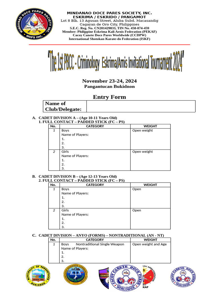 Mindanao Doce Pares Eskrima Tournament Entry | PDF