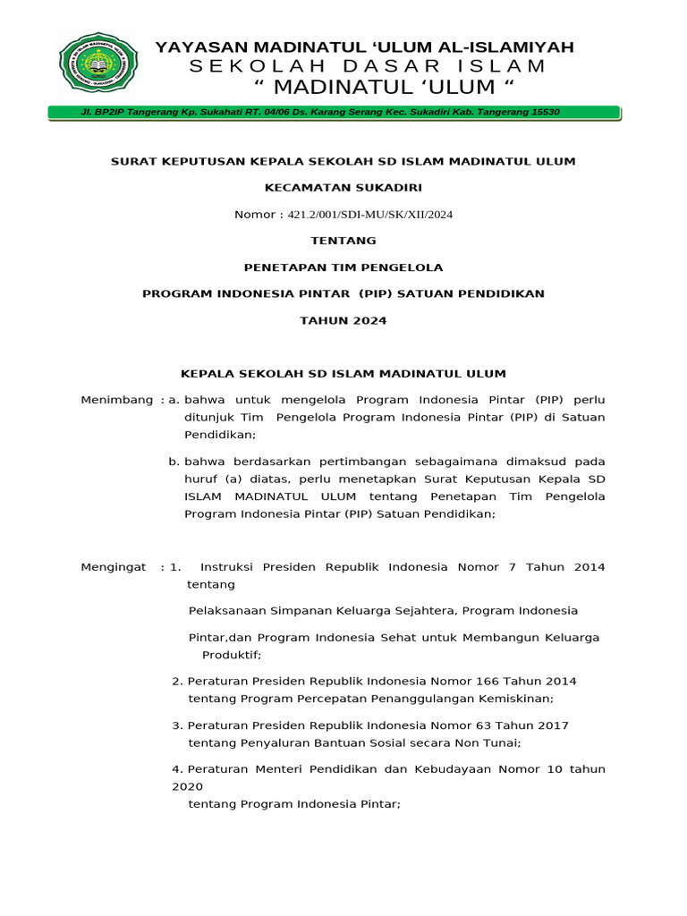 SK Tim Pengelola PIP 2024 SD Islam | PDF