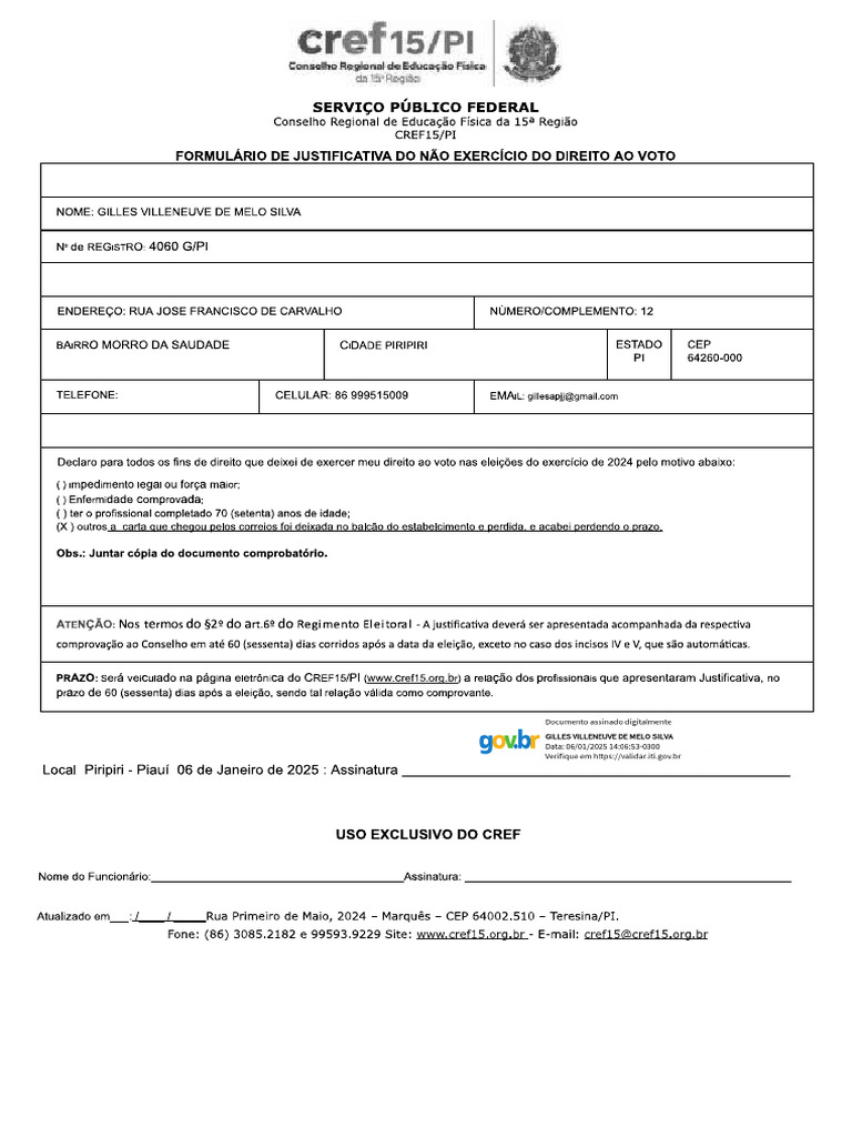 Justificativa Assinada Digital para o CREF PI | PDF