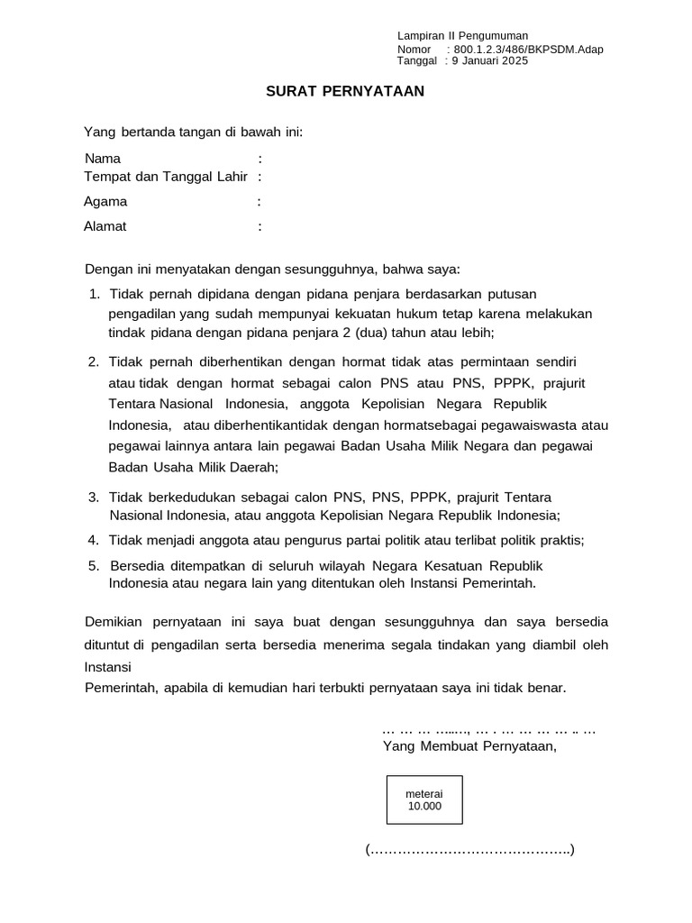 Lampiran II Surat Pernyataan 5 Poin PPPK Guru 2024 | PDF