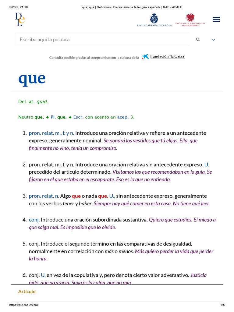 Que, Qué - Definición - Diccionario de La Lengua Española - RAE - ASALE ...