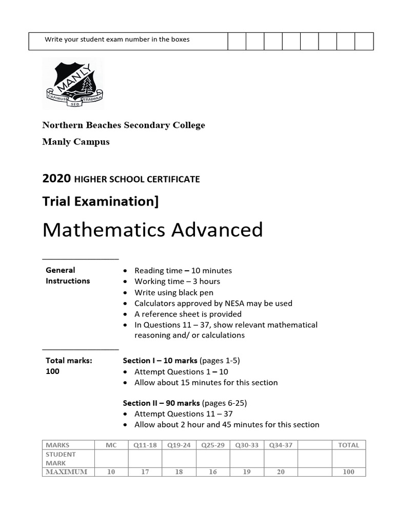 2020 Manly Selective HS Adv Trial | PDF | Mean | Mathematics