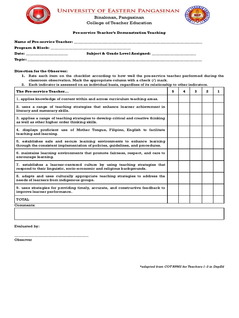 Pre-service Teacher Evaluation Checklist | PDF