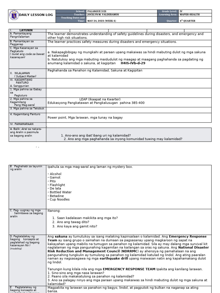 DLL - Mapeh 4 - Q4 - W4 | PDF