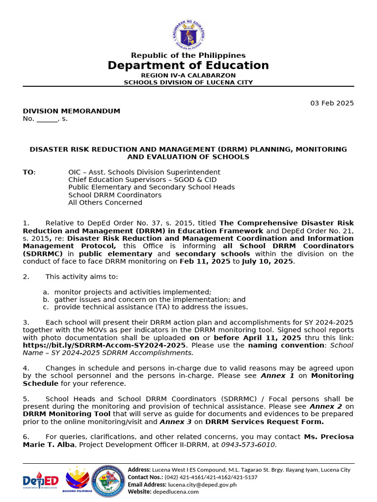 Lucena Schools DRRM Planning 2025 | PDF | Emergency Evacuation