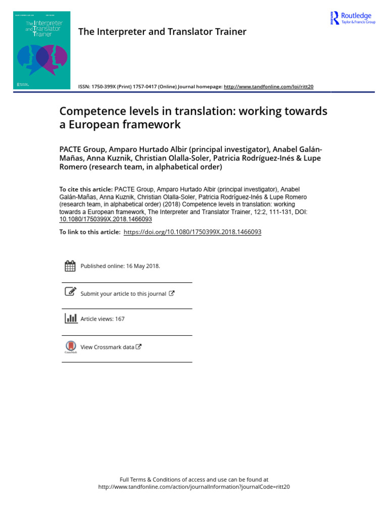 Competence levels in translation翻译能力 - working towards a European ...