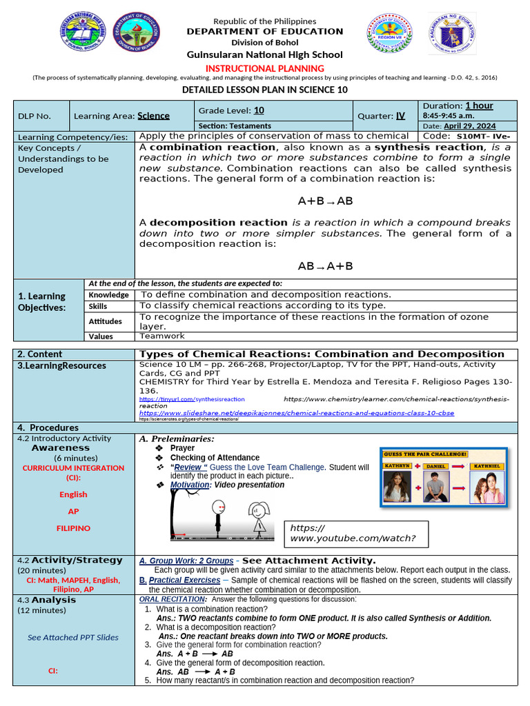 Science 10 Lesson Plan: Chemical Reactions | PDF | Chemical Reactions ...