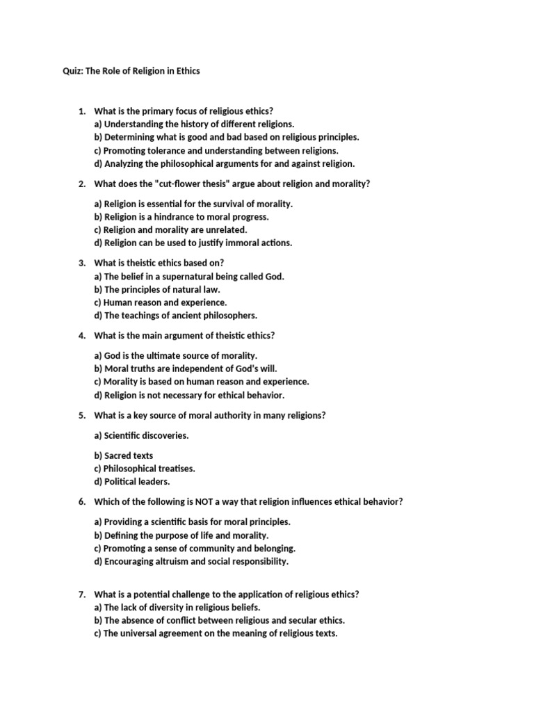 Religion's Influence on Ethics Quiz | PDF | Morality | Liberal Arts ...