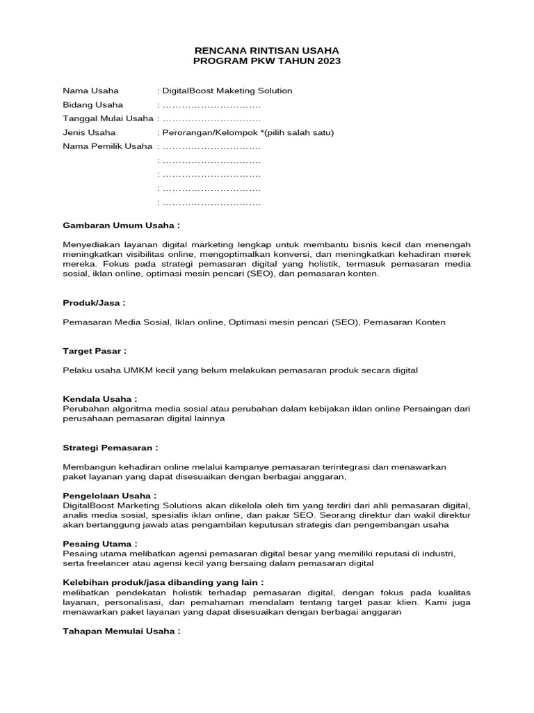 SIMPLE BUSINESS PLAN Template Evaluasi Rencana Rintisan Usaha (2) | PDF