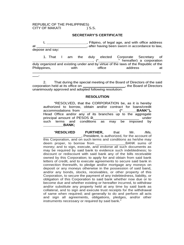 Corporate Secretary's Certificate Template | PDF | Loans | Banks