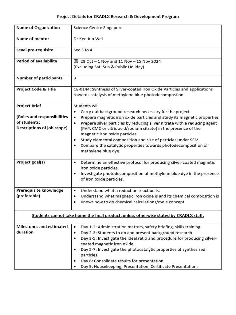R&D Project Details CE-0144 (Synthesis of Silver-coated Iron Oxide Particles and applications ...
