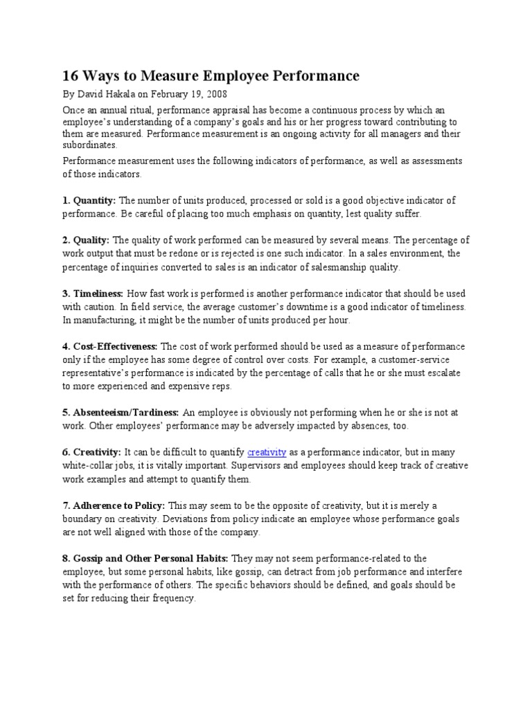 16 Ways To Measure Employee Performance | PDF | Performance Appraisal ...