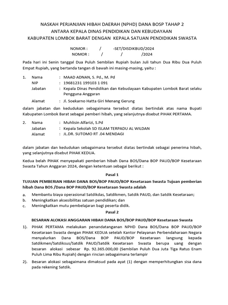 NPHD Dana BOS BOP PAUD 2024 Lombok Barat | PDF