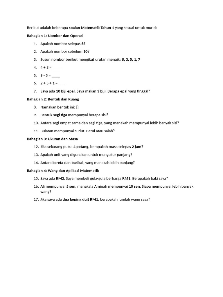 Math Tahun 1 | PDF