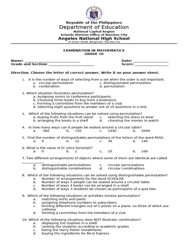 Third Summative Exam in Math 10 | PDF | Permutation | Probability