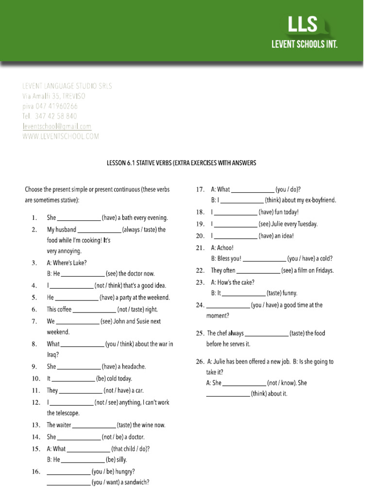 Stative Verbs Exercises Pdf