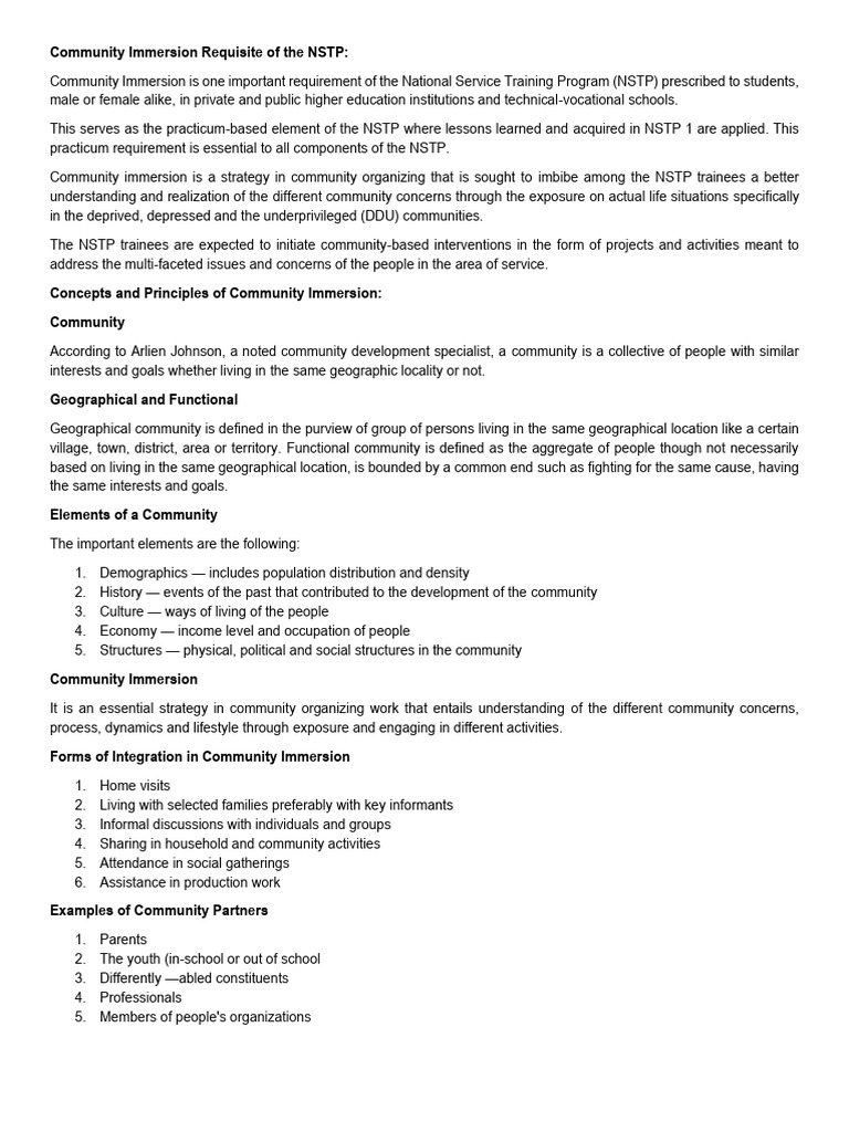 Community Immersion Requisite of The NSTP | PDF | Cognition | Learning
